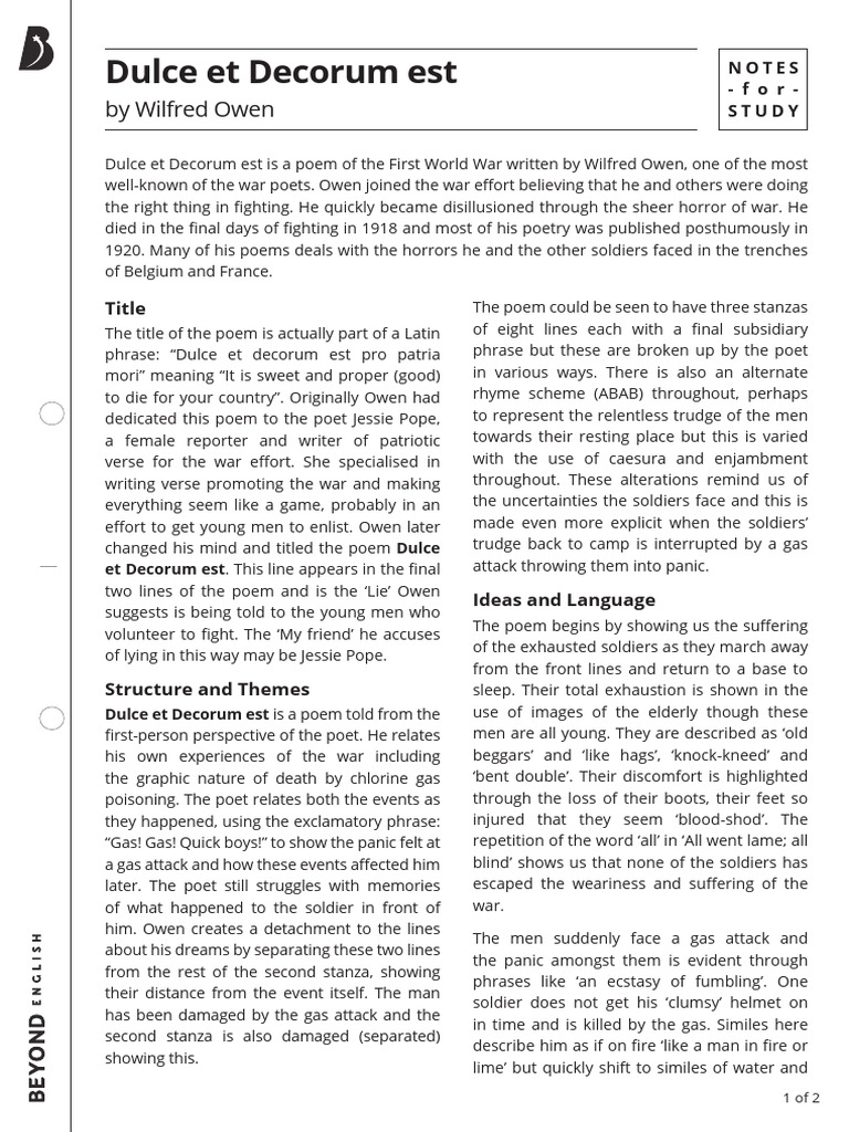Dulce Et Decorum Est Notes For Study | PDF | Poetry