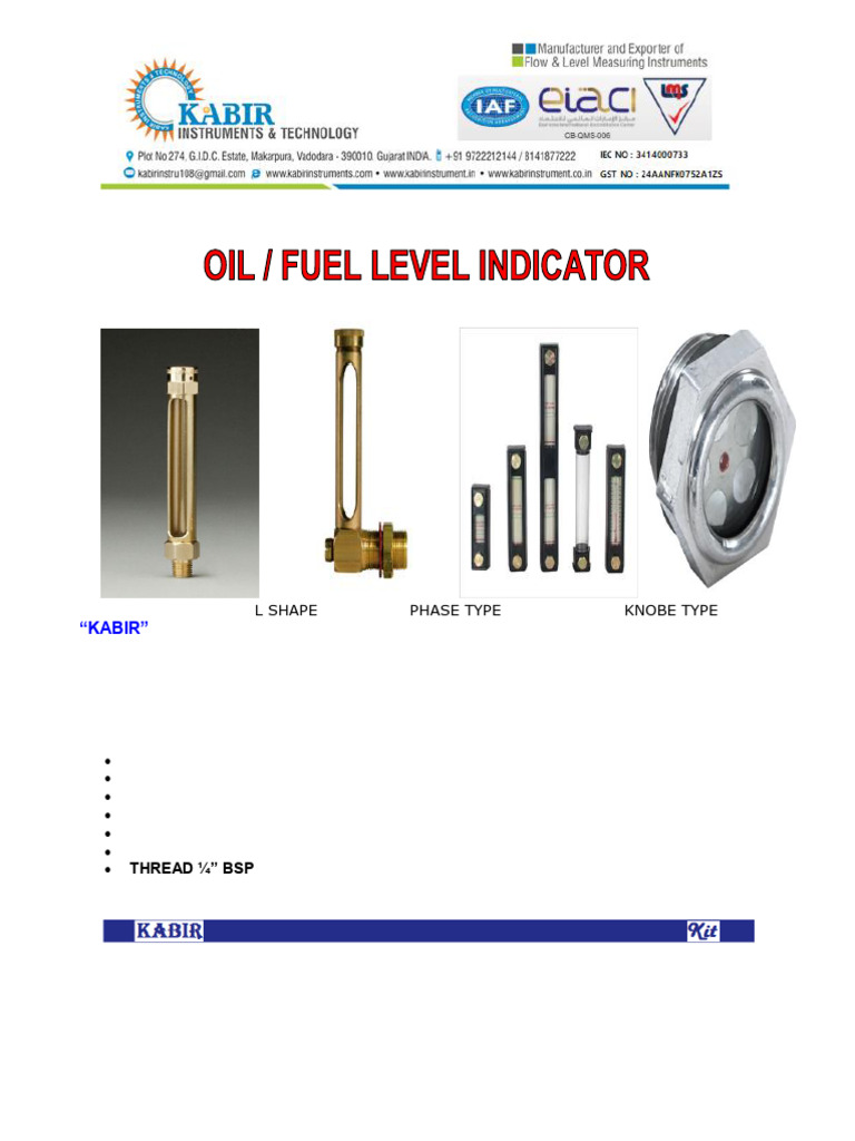 L Shape Oil Level Indicators Overview | PDF