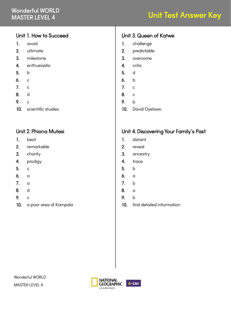 WW Master L4 Unit Test Answer Key | PDF | Chess | Chess Theory