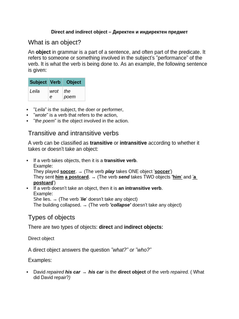 Direct and Indirect Object Explained | PDF | Verb | Object (Grammar)