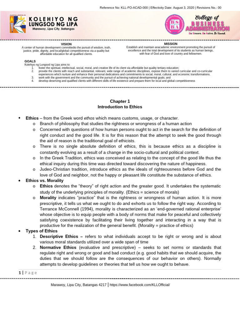 Module I GE 108 Ethics Student | PDF | Morality | Virtue Ethics