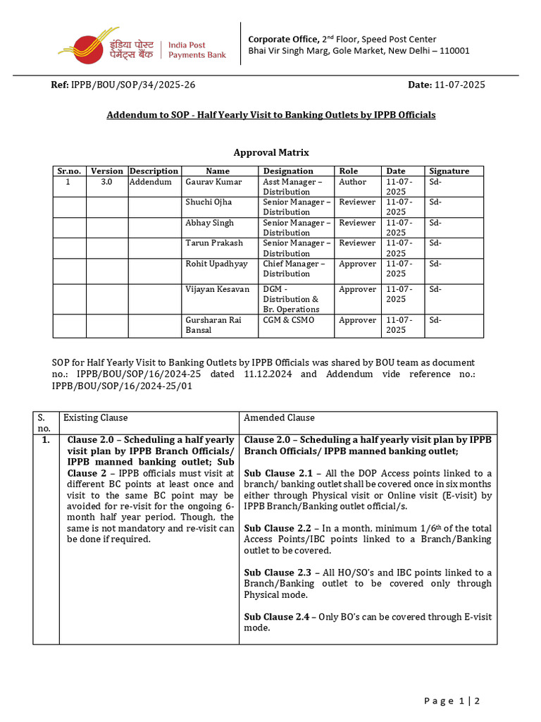 Addendum 2 To SOP - Half Yearly Visit To IPPB Banking Outlets | PDF