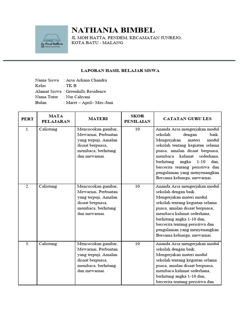 Laporan Hasil Belajar Arsa 4x Greenhills | PDF