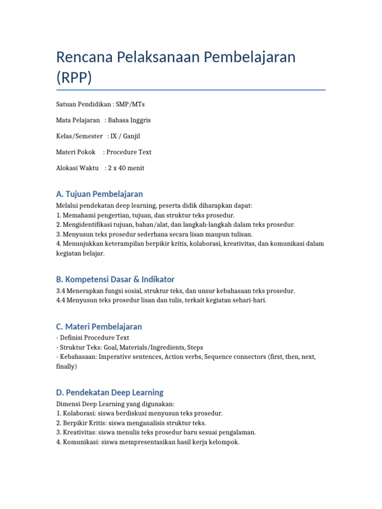 RPP Procedure Text DeepLearning KelasIX | PDF