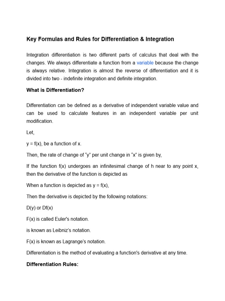 Key Formulas and Rules for Differentiation & Integration | PDF ...
