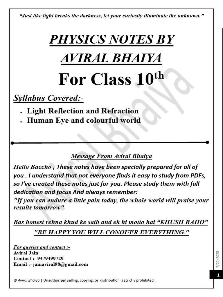 Class 10th PHYSICS NOTES by Aviral BHaiya | PDF | Eye | Sunset