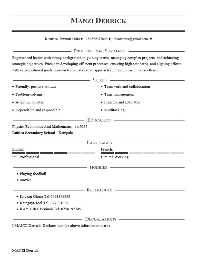 Manzi Derrick Resume | PDF