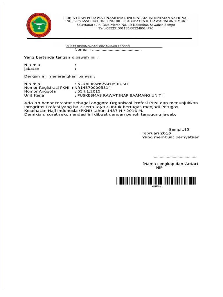 Surat Rekomendasi PPNI untuk PKHI | PDF
