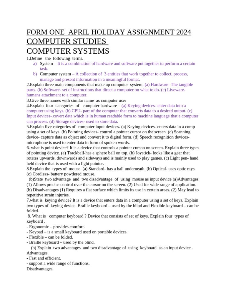 Computer Studies Holiday Assignment 2024 | PDF | Optical Character ...