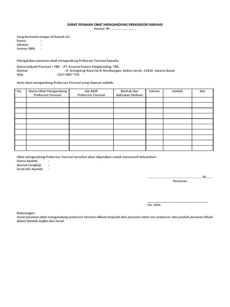 Surat Pesanan Obat Prekursor Farmasi | PDF