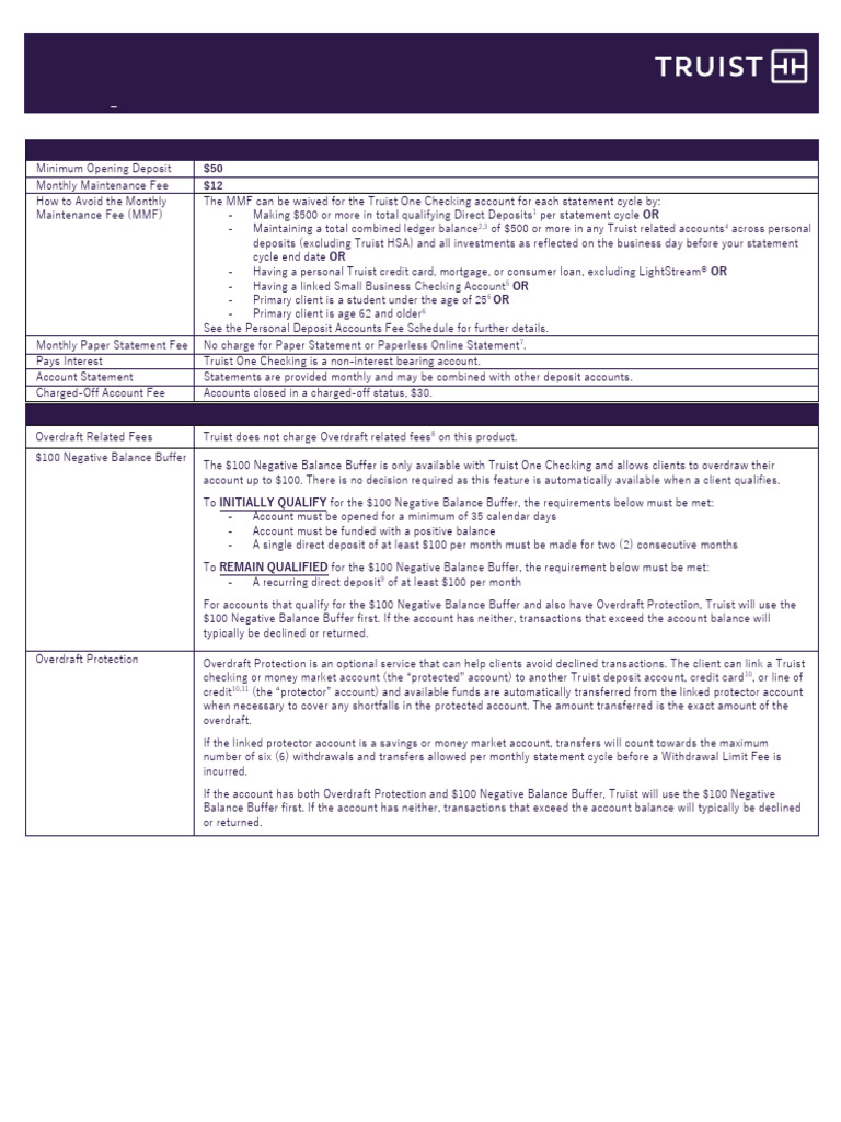 Truist One Checking Account Details | PDF | Overdraft | Credit Card