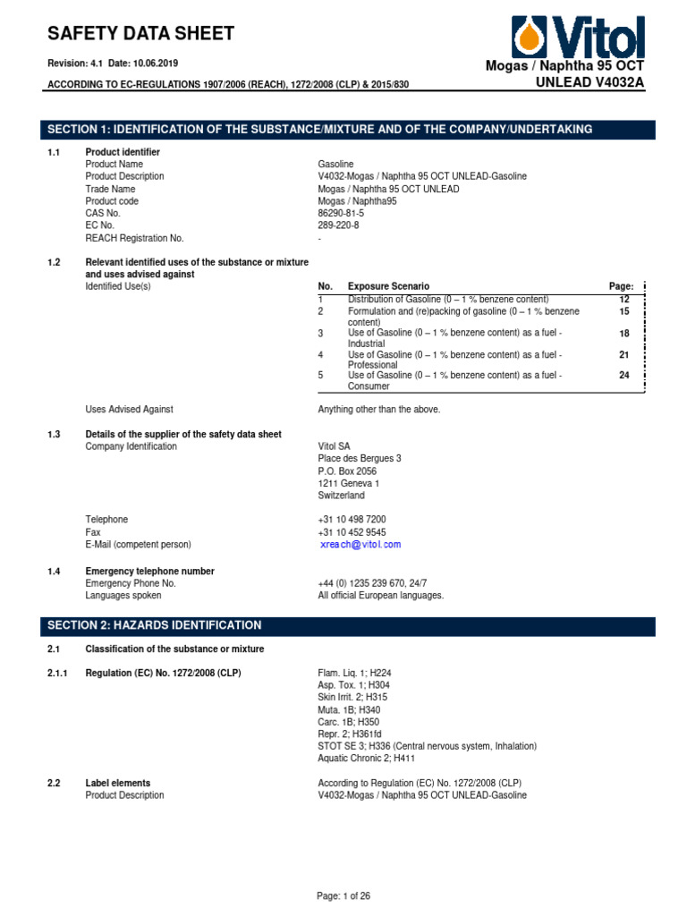MSDS for Mogas/Naphtha 95 OCT | PDF | Personal Protective Equipment ...