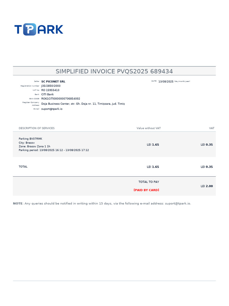 Simplified Invoice for Parking Services | PDF