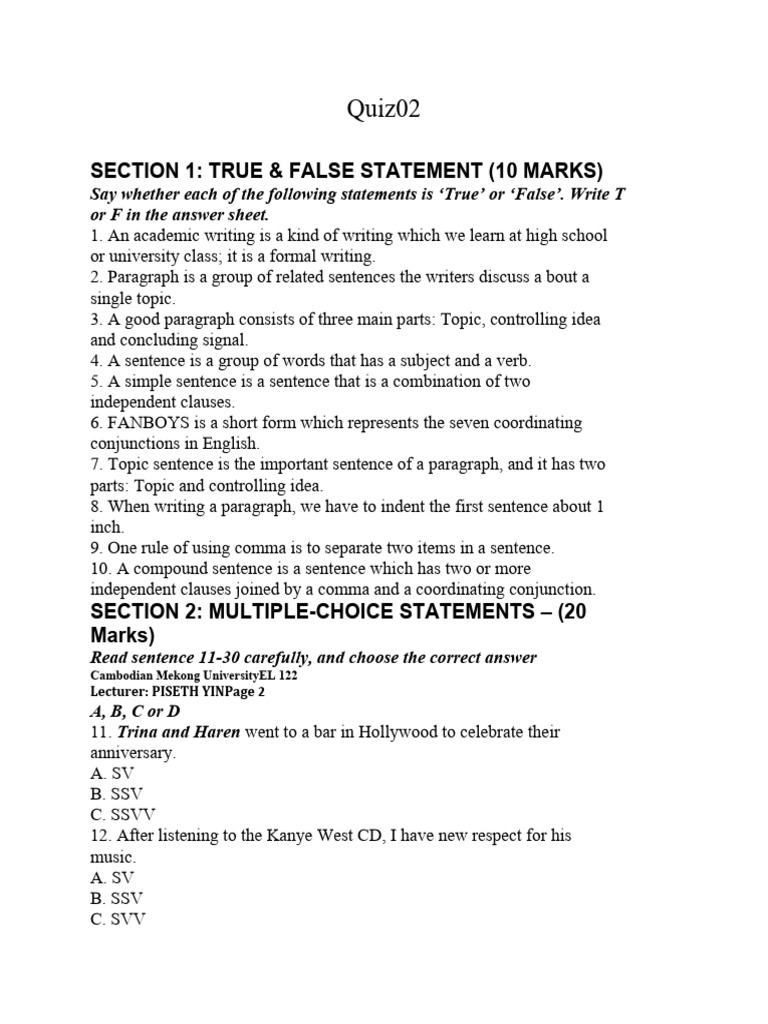 Academic Writing Quiz and Exercises | PDF | Sentence (Linguistics ...