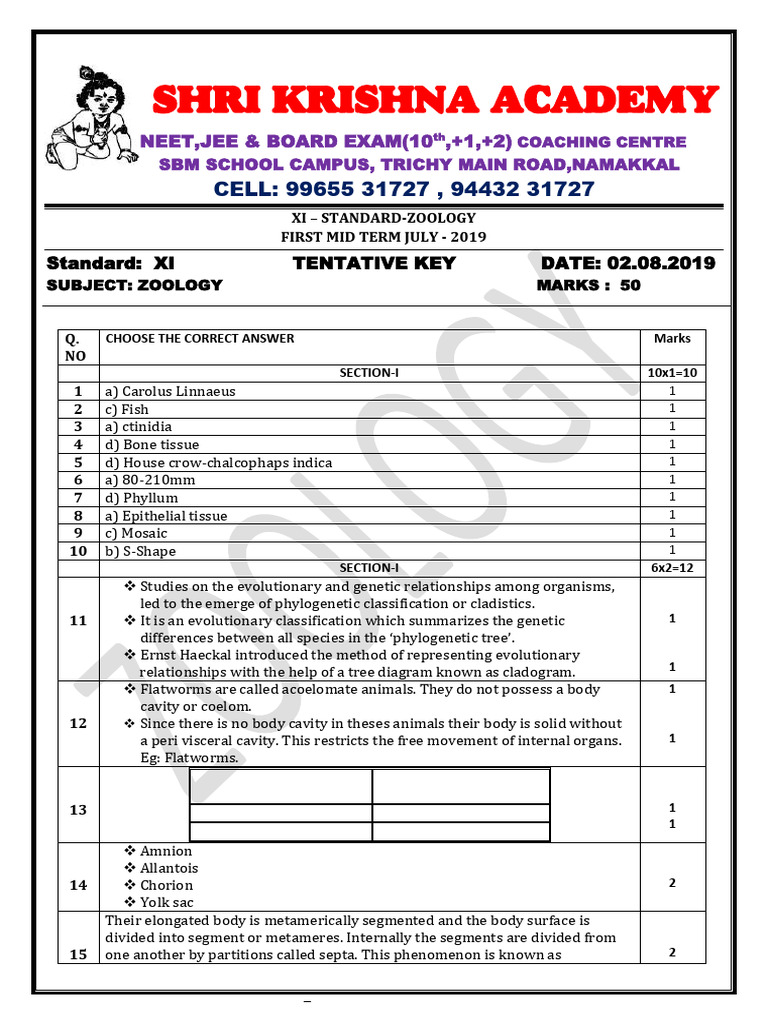 1 11th Ps Zoology First Mid Term Exam Original Question Paper With ...