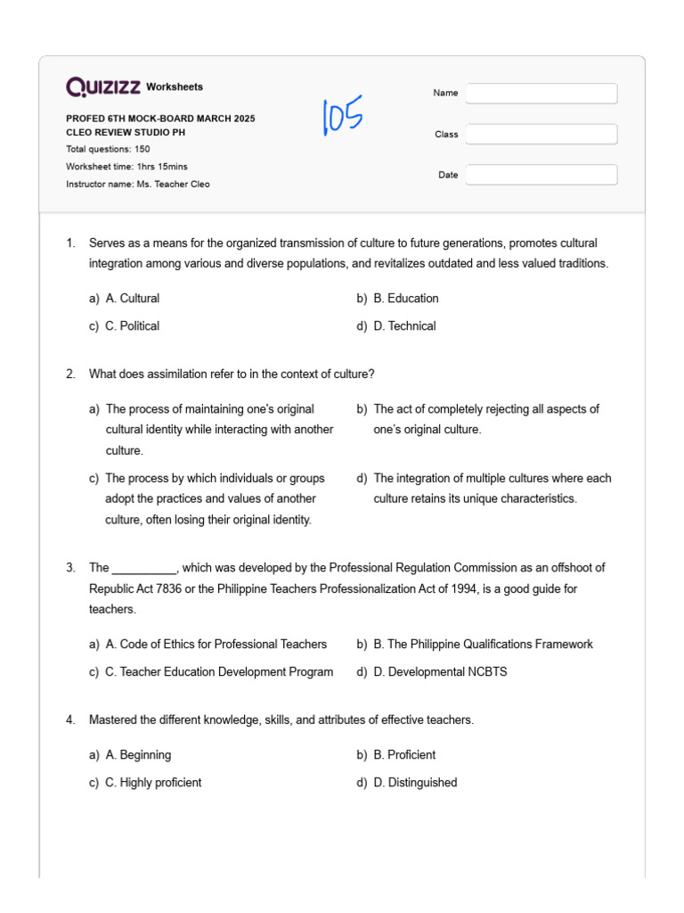 Profed 6th Mock-Board March 2025 Cleo Review Studio PH | PDF | Learning | Curriculum