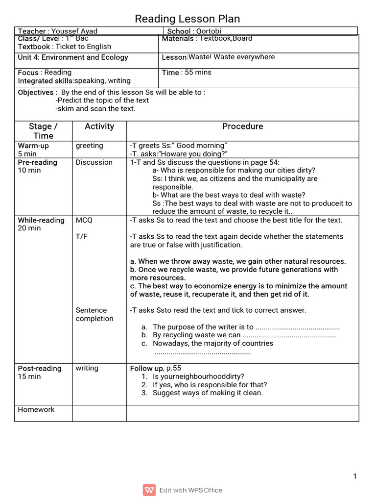 Reading Lesson Plan on Waste Management | PDF