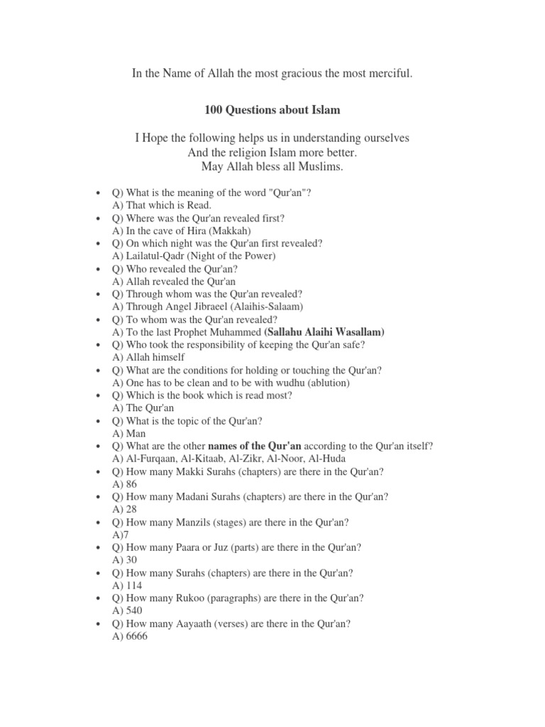 100 Essential Questions About Islam | PDF | Surah | Quran