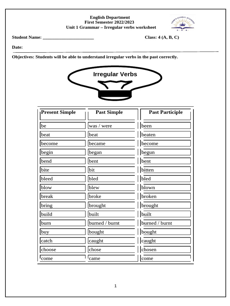 Irregular Verbs Worksheet | PDF