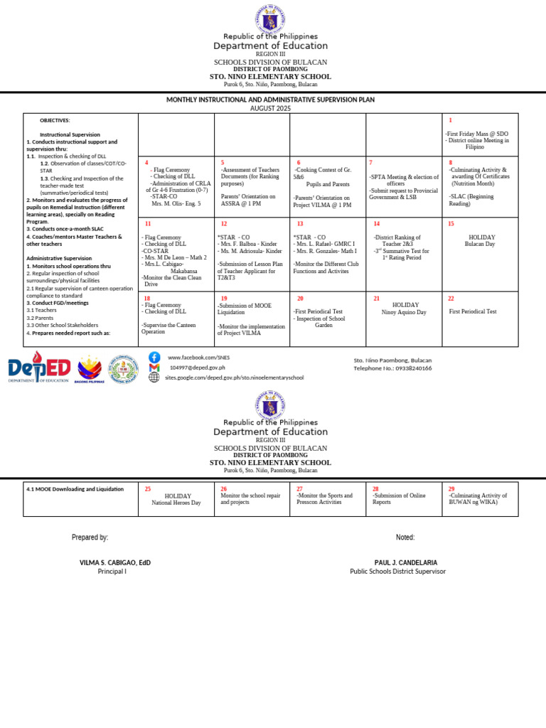 Monthly Supervision Plan for Sto. Nino School | PDF | Philippines