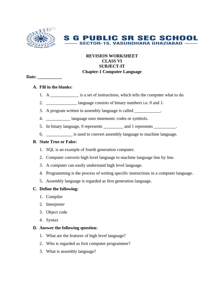 Revision Worksheet Class 6 Ch1 | PDF