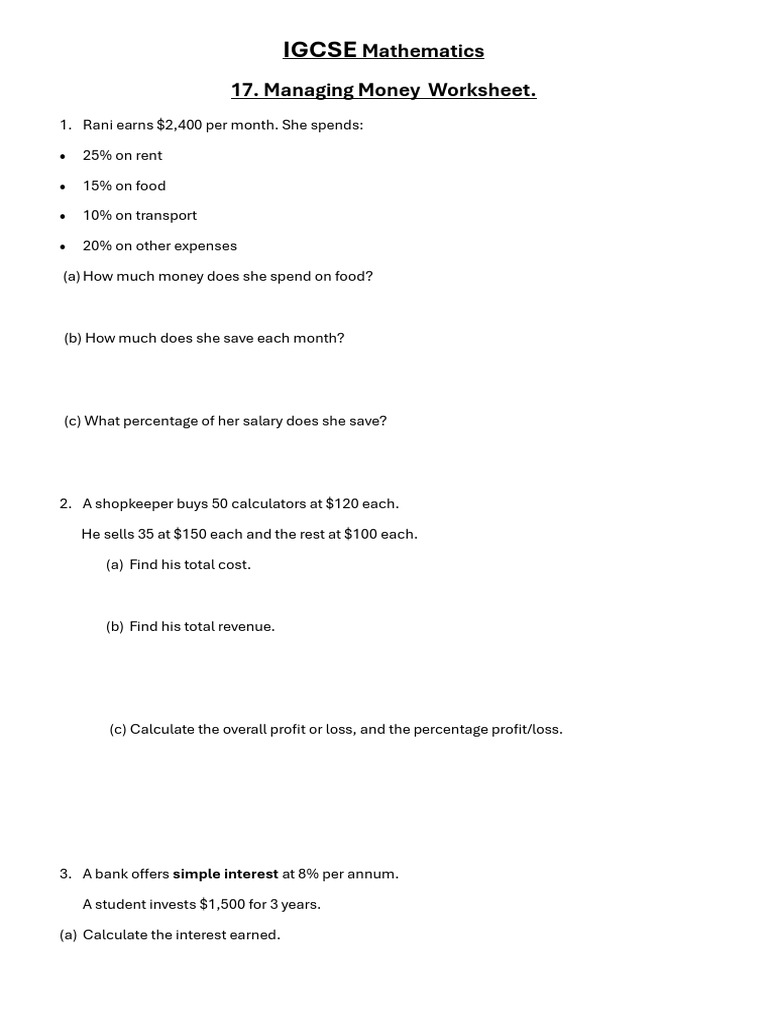 IGCSE Managing Money Worksheet | PDF