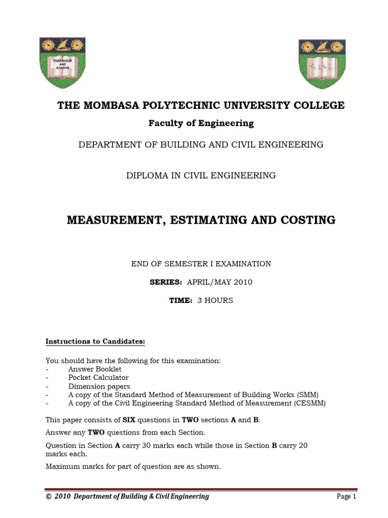 Civil Engineering Exam: Measurement & Costing | PDF | Concrete | Density