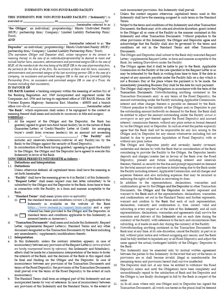 Indemnity for Non-Fund Based Facility | PDF | Banks | Indemnity