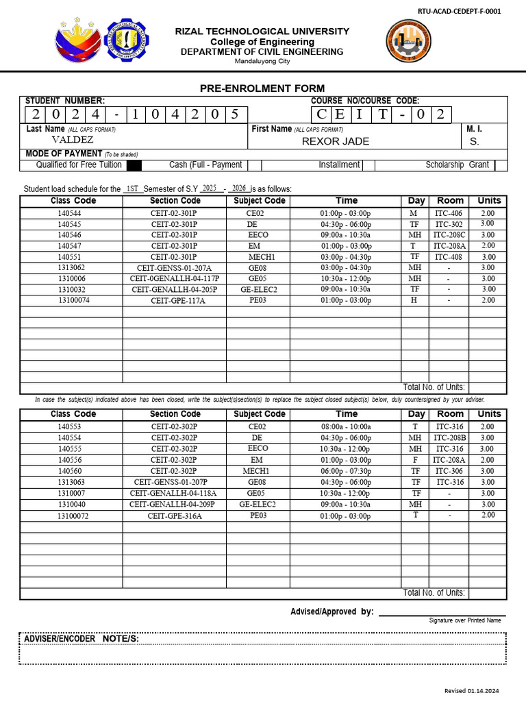 RTU Civil Engineering Pre-Enrolment Form | PDF