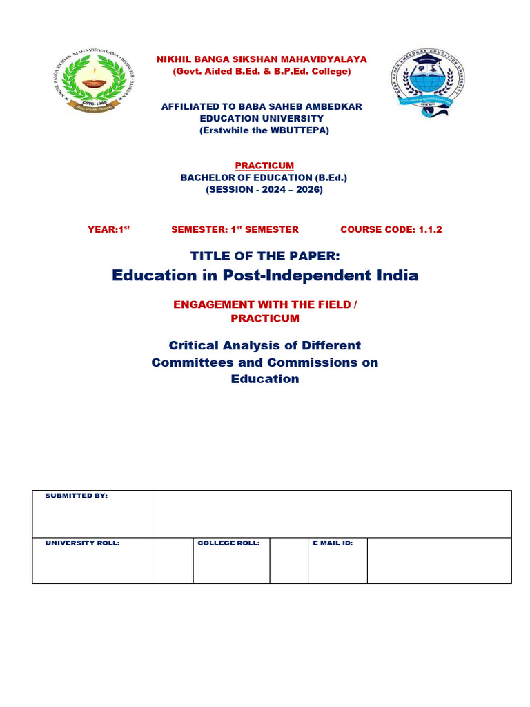 B.ed 1st Year Course II Practicum Front Page Roll No. 1-25 (24-26) | PDF