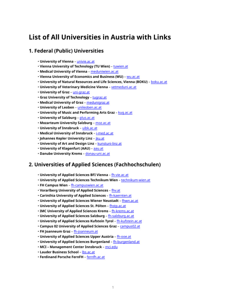 Comprehensive List of Austrian Universities | PDF | Vienna | Austria