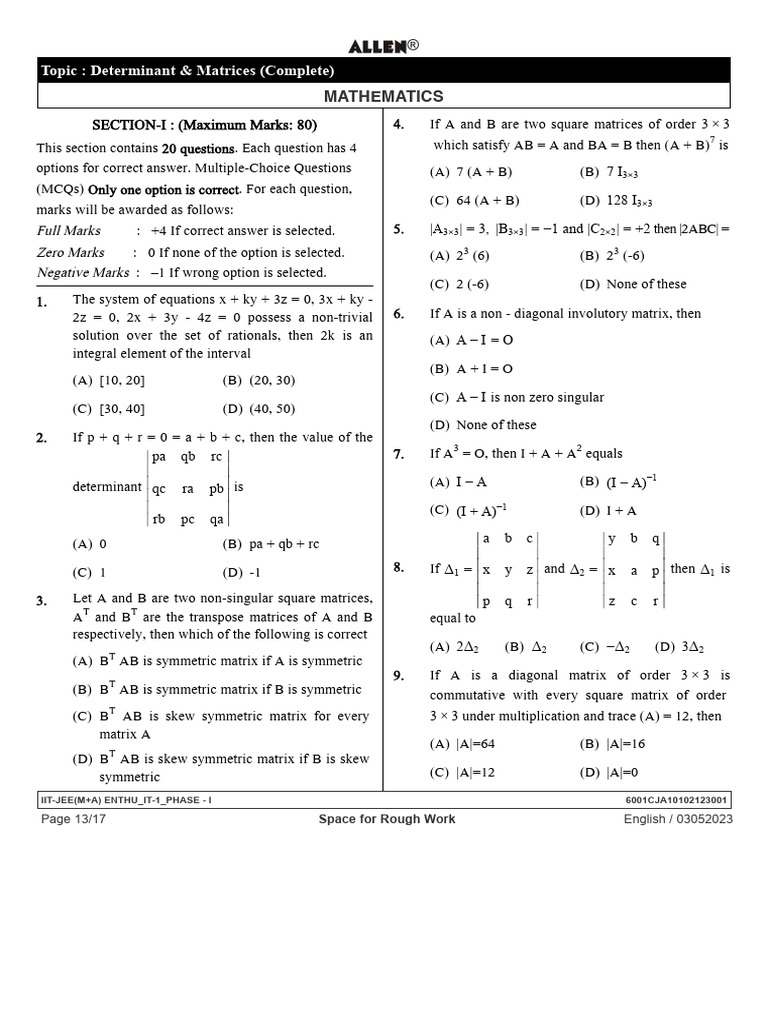 SECTION-I: (Maximum Marks: 80) : Mathematics | PDF | Matrix ...