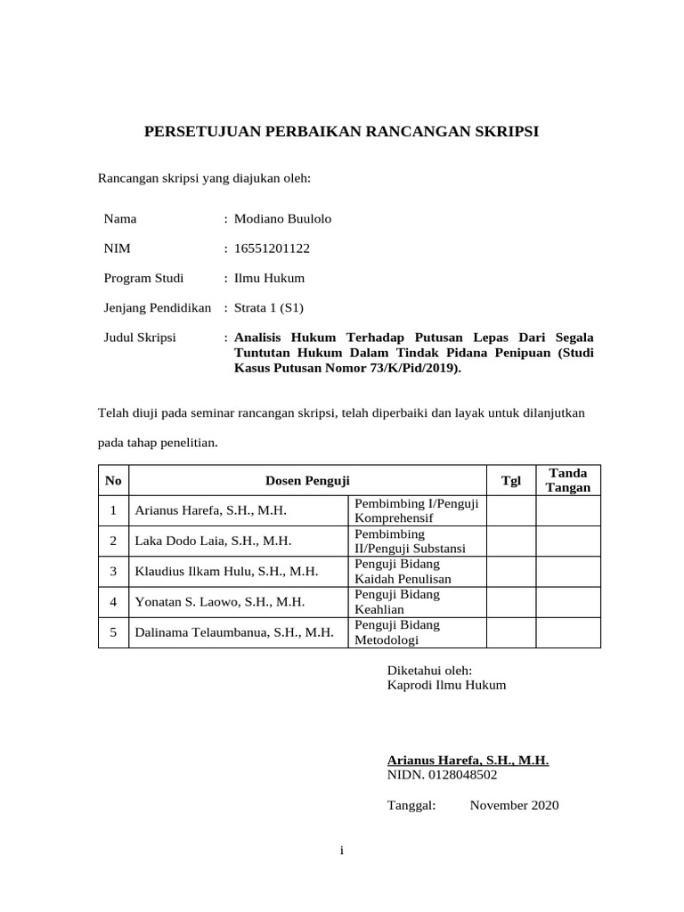 Lembar Persetujuan Perbaikan Rancangan Skripsi | PDF