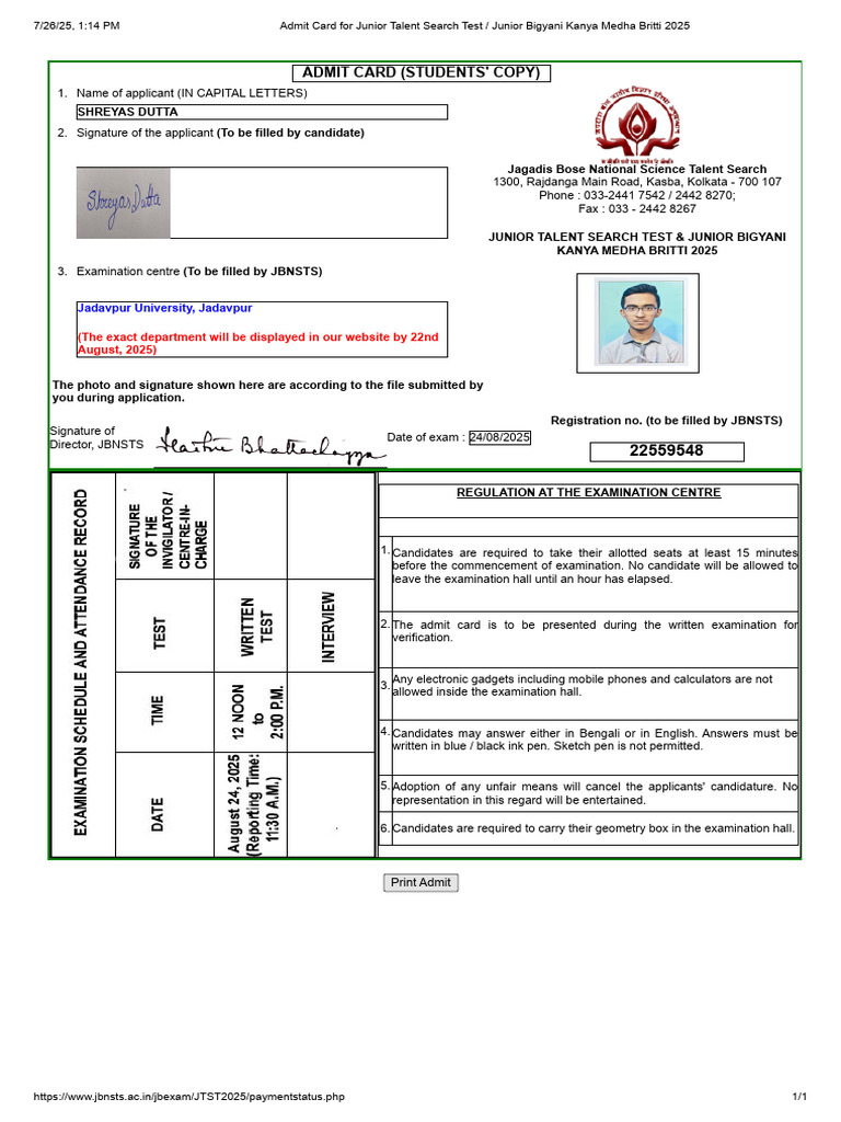 Admit Card for Junior Talent Test 2025 | PDF