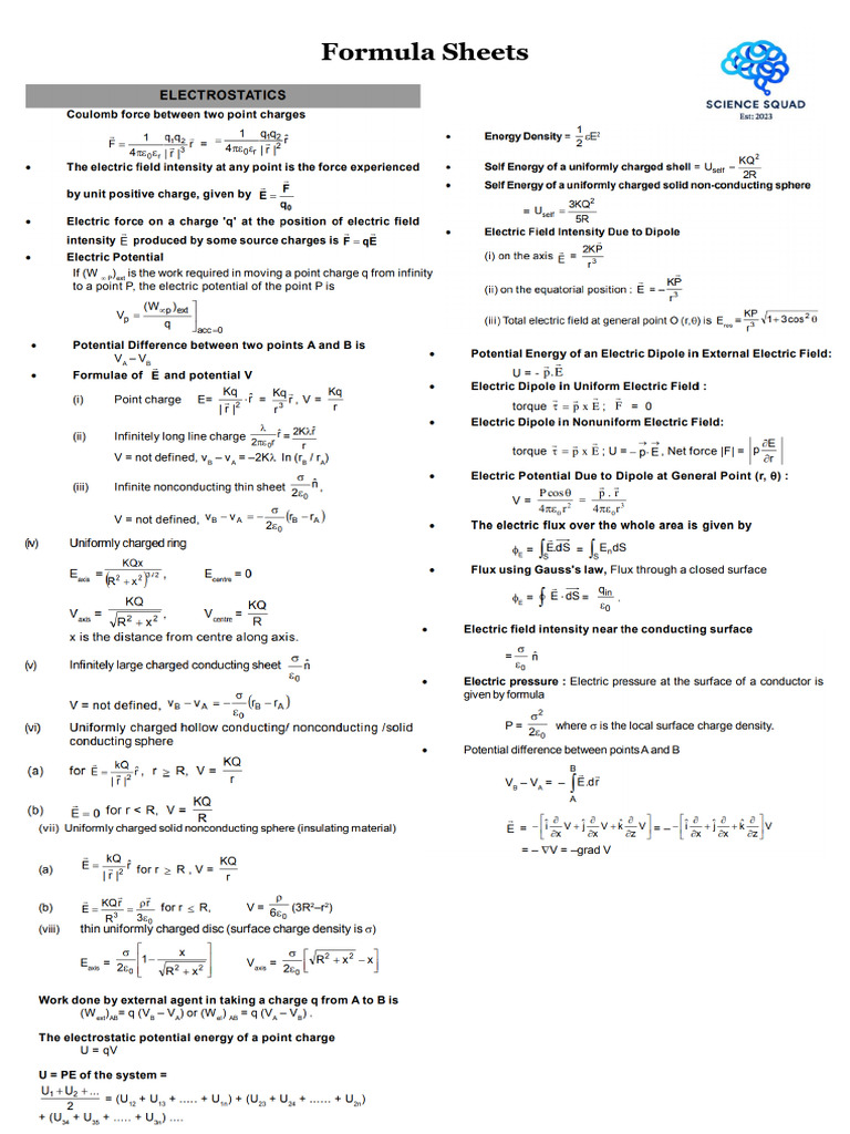 Formula Sheets Electrostat | PDF