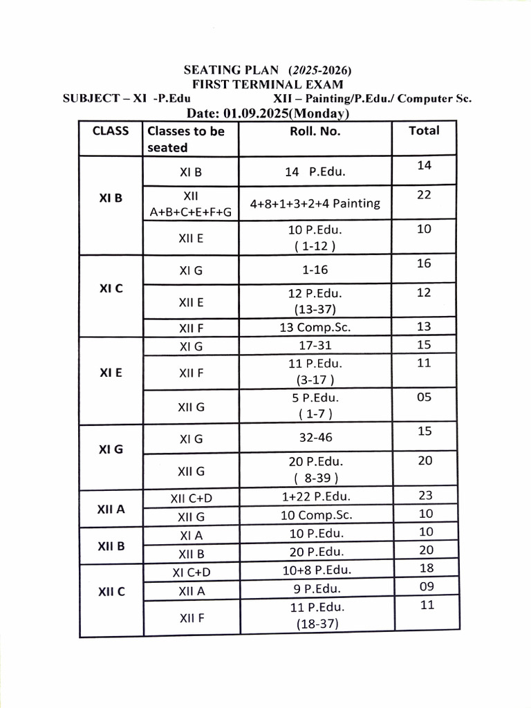 Seating Plan 01-09-25 Xi-Xii | PDF