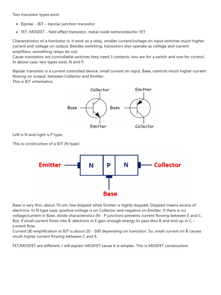 Transistor Types: BJT vs. MOSFET Explained | PDF