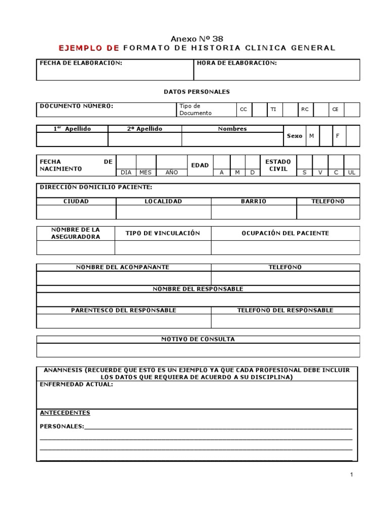Anexo N° 38 Ejemplo Formato de HISTORIA CLINICA