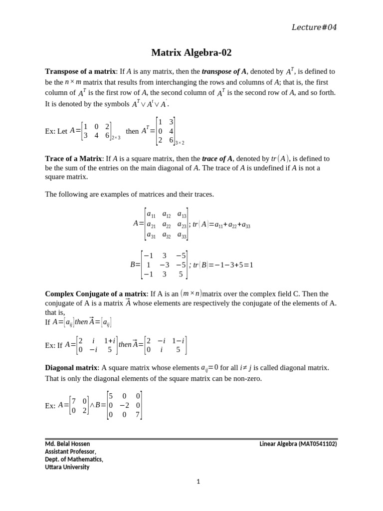 Lecture-04 (Trace, Idempotent Matrix) | PDF | Matrix (Mathematics) | Mathematical Physics