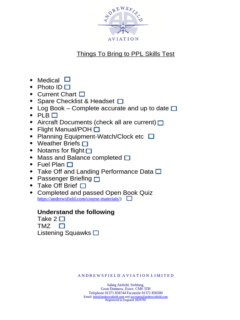 PPL Skills Test Things To Bring | PDF