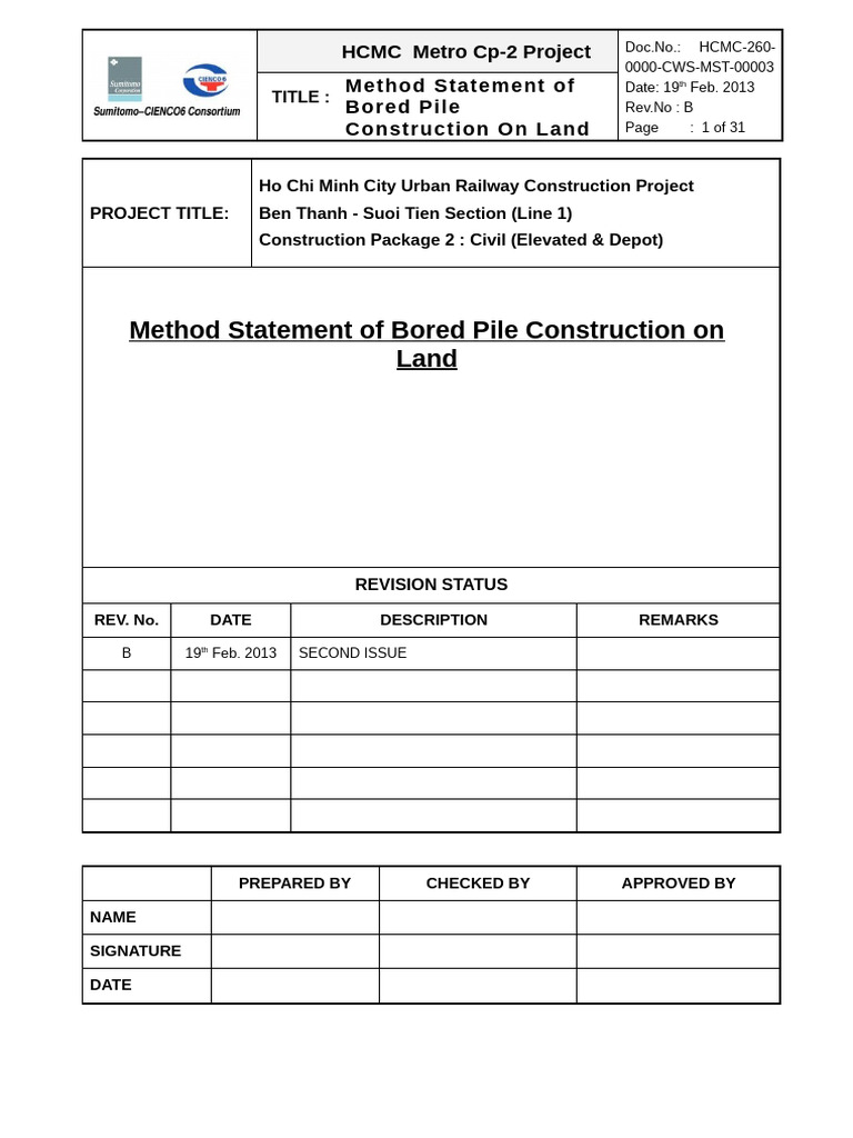 Bored Pile Construction Method Statement | PDF | Casing (Borehole ...