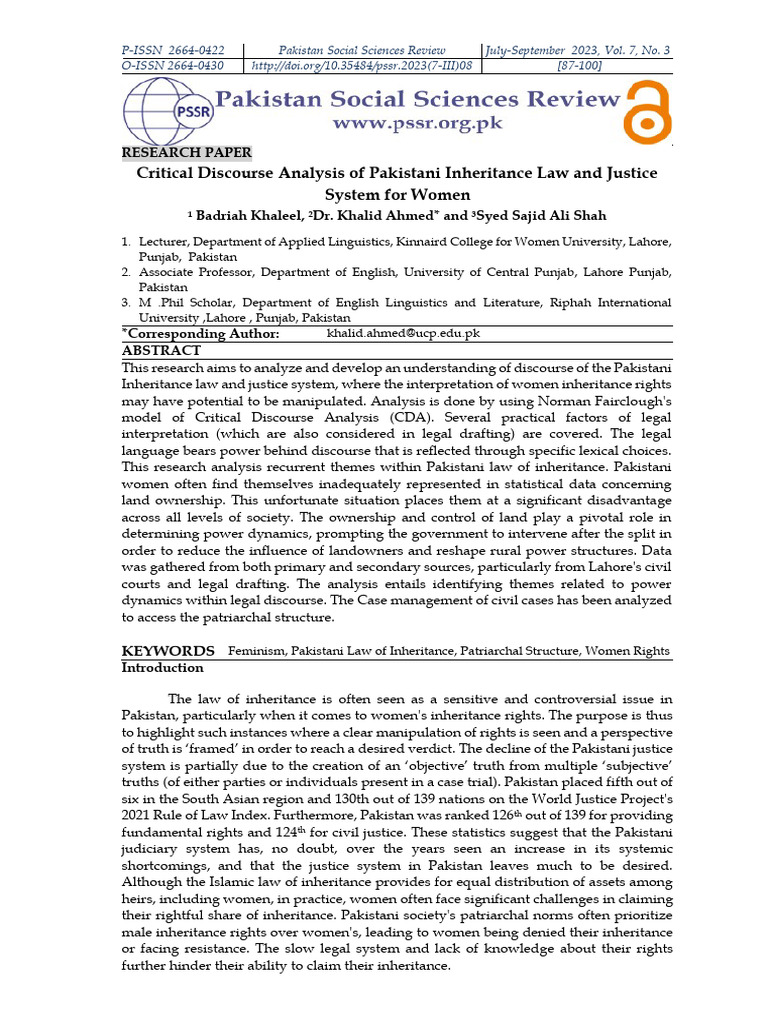 Critical Discourse Analysis of Pakistani Inheritance Law and Justice ...