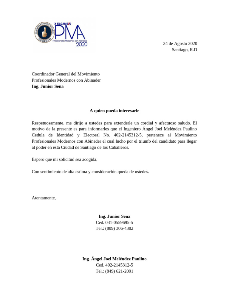 Carta Ing Angel Joel Melendez Paulino | PDF