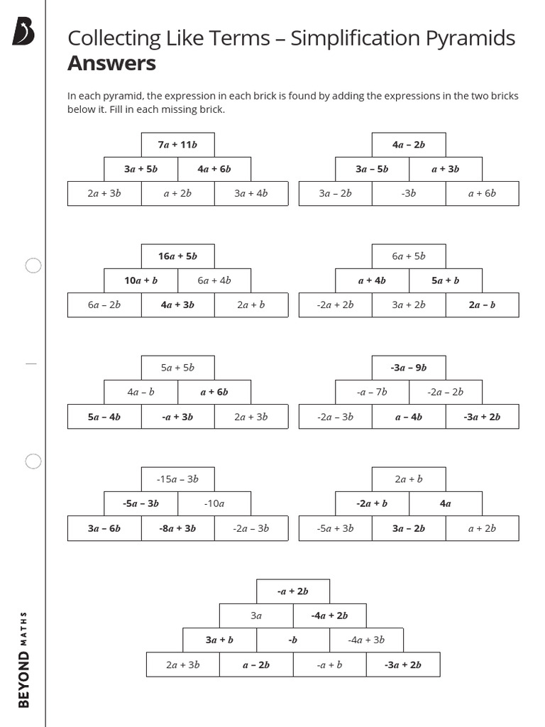 Collecting Like Terms - Simplification Pyramids - Answers | PDF