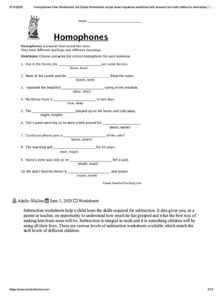 Homophones Free Worksheets 3rd Grade Wo.. | PDF