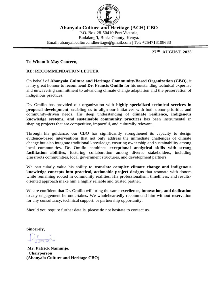 Abanyala Culture and Heritage CBO Recommandation Letter | PDF