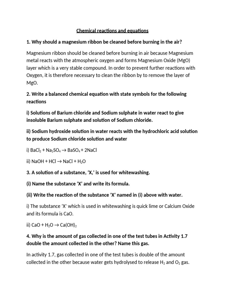 Chemical Reactions and Equations Intext Questions and Exercises | PDF ...