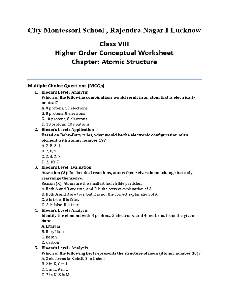 Atomic Structure Worksheet for Class VIII | PDF | Atoms | Nuclear Physics
