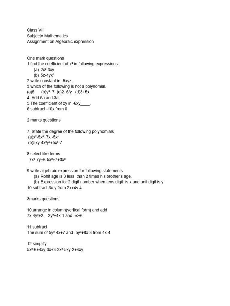 Class VII Algebraic Expressions Assignment | PDF