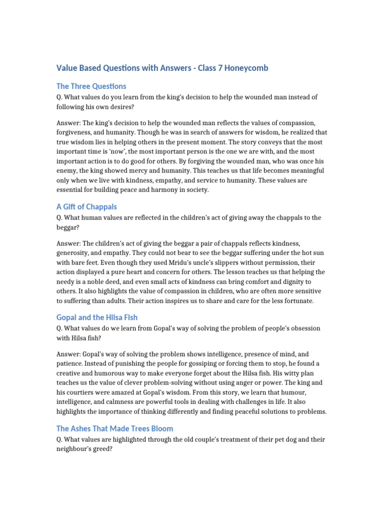 Honeycomb Class7 Value Based Questions | PDF | Fear | Compassion